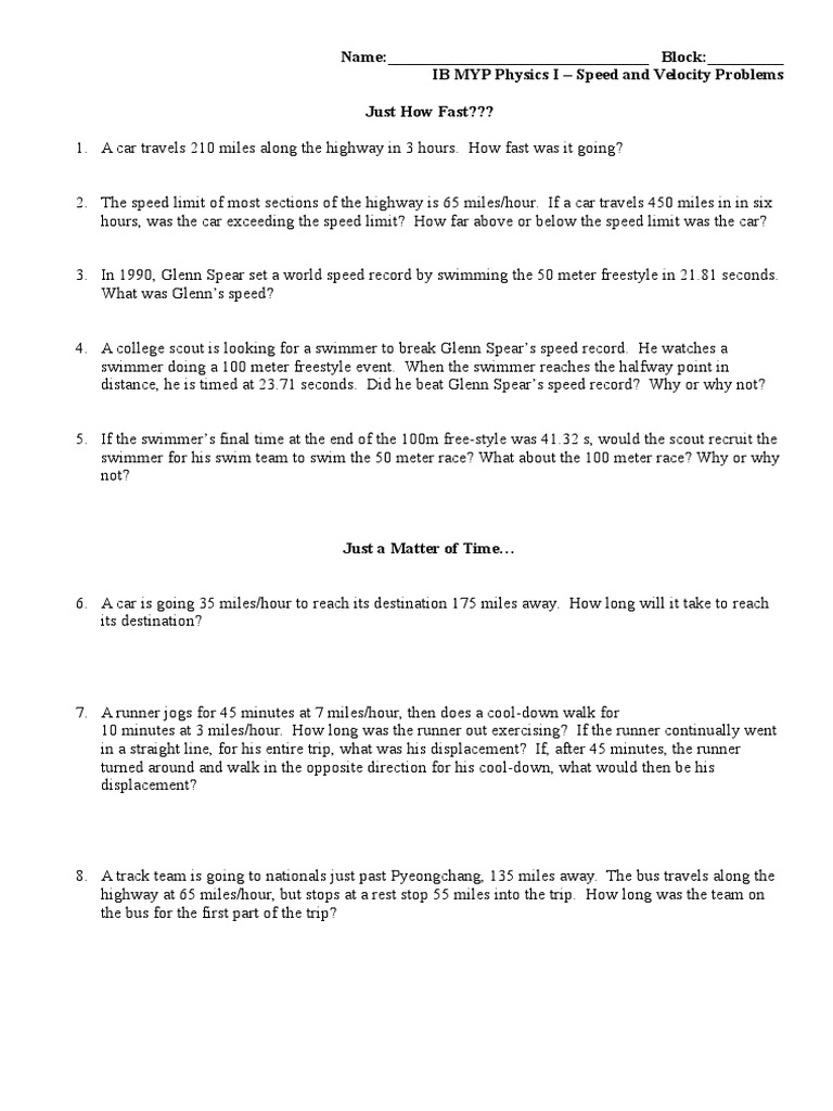 Worksheet - Speed and Velocity | PDF | Speed | Swimming (Sport)
