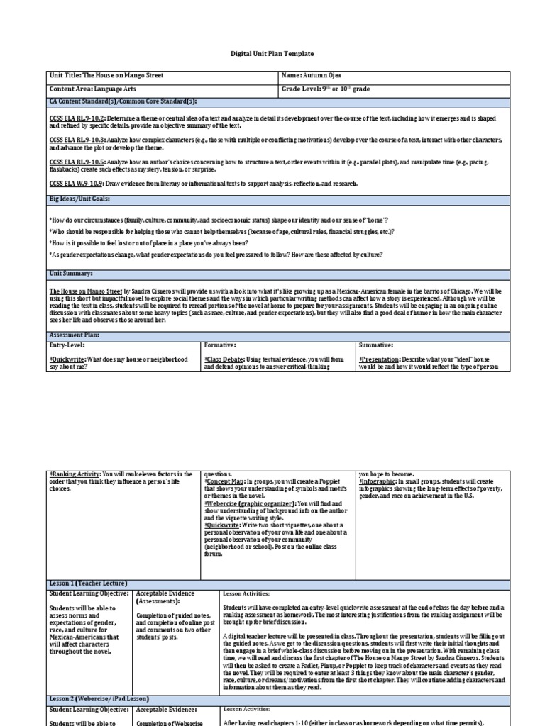 House on Mango Street Unit Plan | PDF | Educational Assessment | Gender