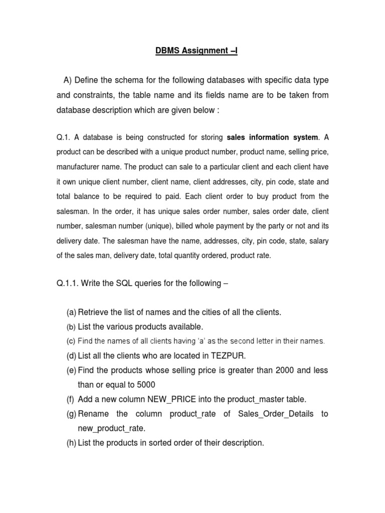 DBMS Assignment: SQL Queries & Schema | PDF | Databases | Sales