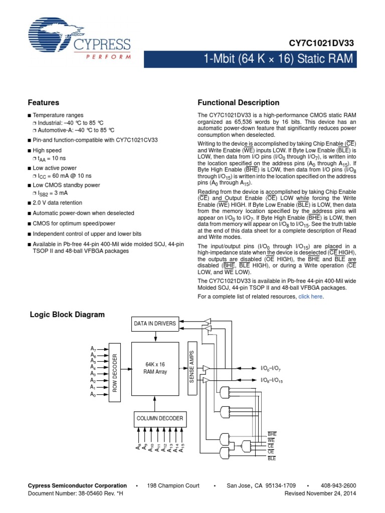 1-Mbit (64 K × 16) Static RAM: Features Functional Description | PDF ...