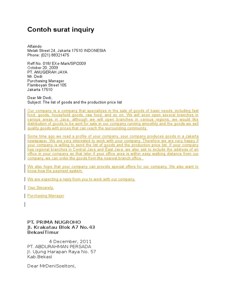 Contoh Surat Inquiry | PDF | Business