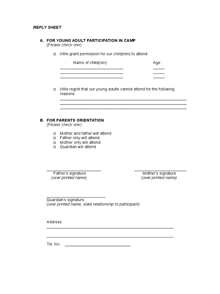 A. For Young Adult Participation in Camp: Reply Sheet | PDF