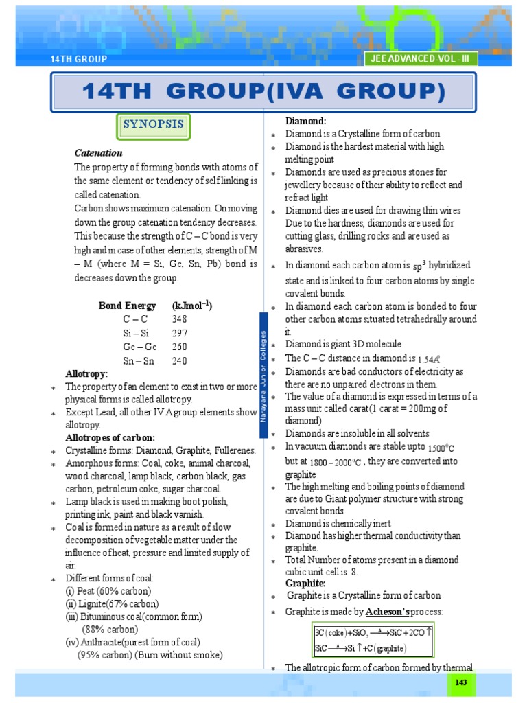 JEE Advanced 14th Group IVa Synopsis | PDF | Silicon | Carbon
