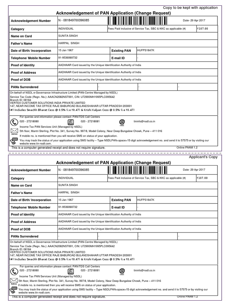 Acknowledgement of PAN Application (Change Request) : Copy To Be Kept ...