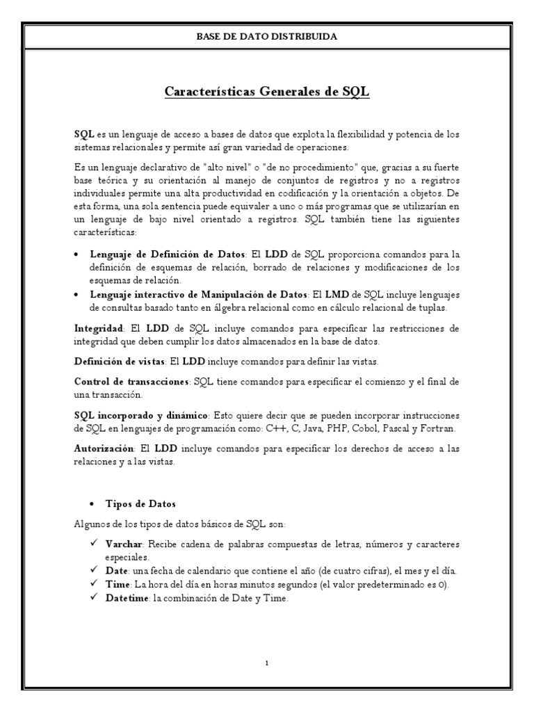 Características Generales de SQL | PDF | SQL | Diseño de software