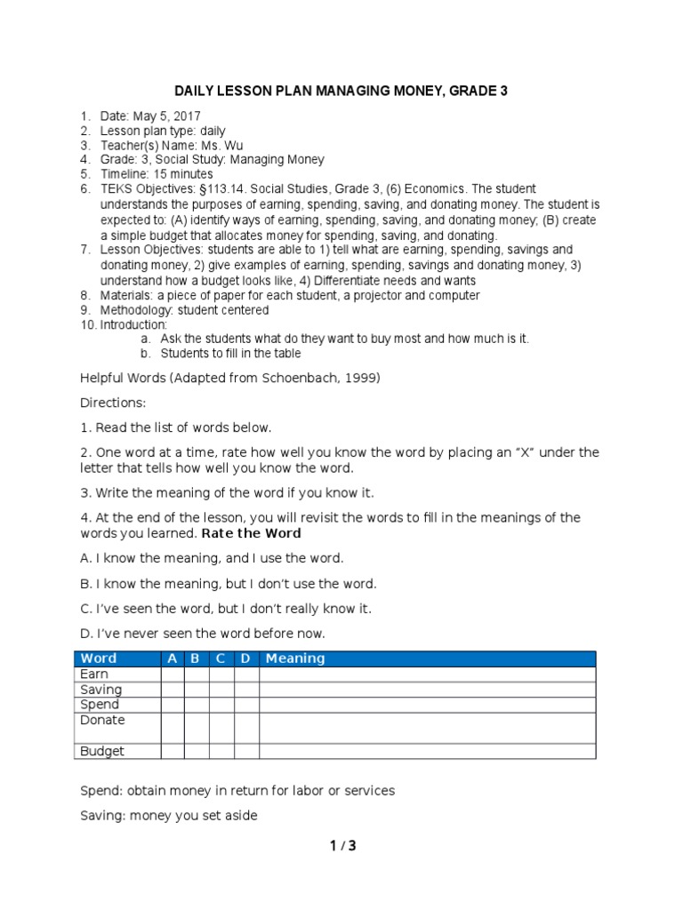 Daily Lesson Plan Managing Money, Grade 3: Word AB C D Meaning | PDF ...