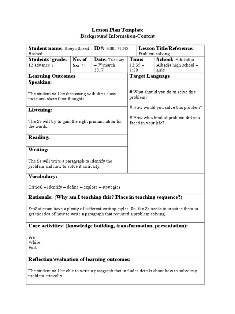 Lesson Plan Template - Problem Solving | PDF | Lesson Plan | Applied Psychology