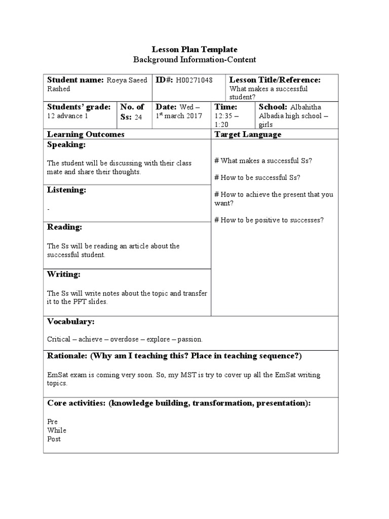 Lesson Plan Template - What Makes A Successful Student | PDF | Lesson ...