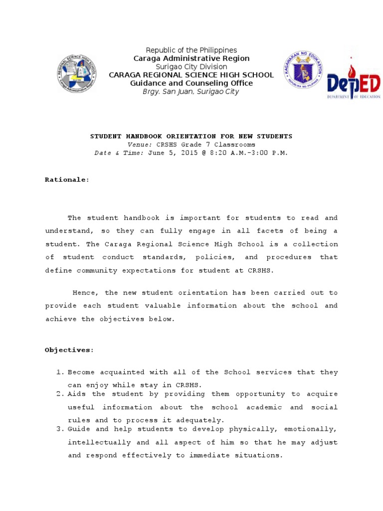 Student Handbook Orientation For New Students: Brgy. San Juan, Surigao City