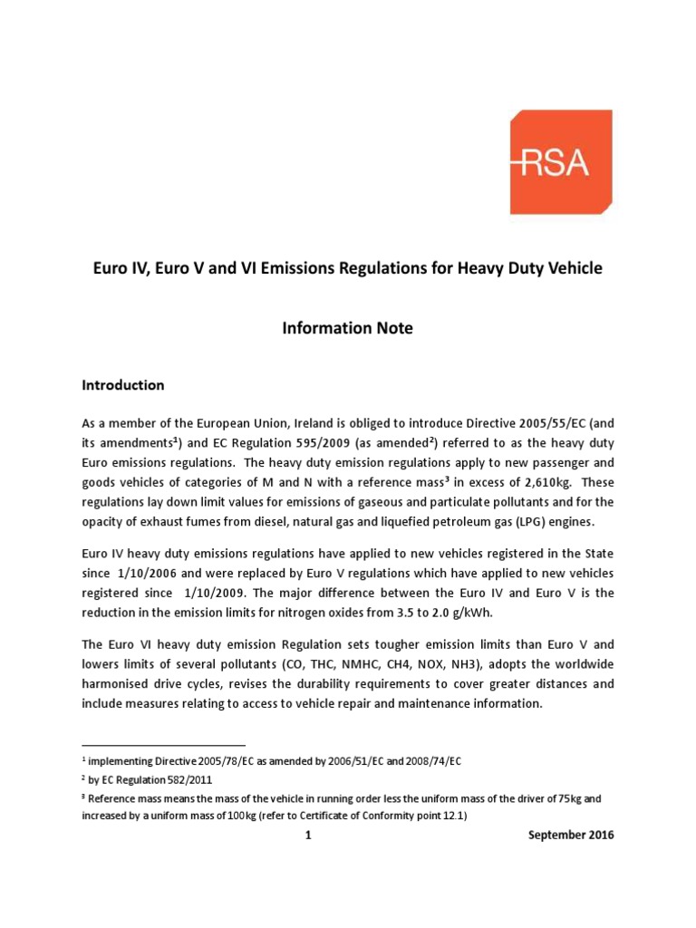 Information Note For Euro IV Euro V and Euro VI Emissions Regulations ...