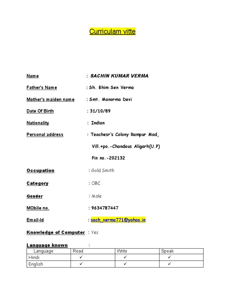 Curriculum Vitae of Sachin Kumar Verma | PDF