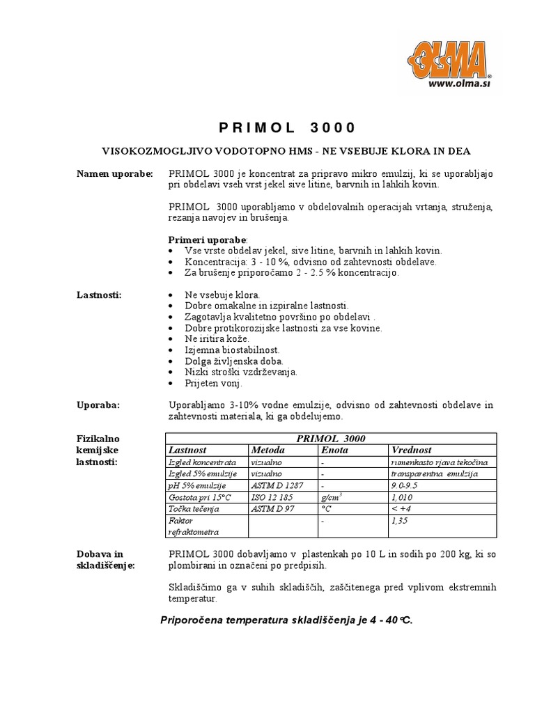 Olma Beograd - Osobine Emulzija Primol 3000 | PDF
