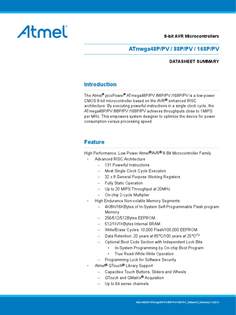 Atmel 8025 8 Bit AVR Microcontroller ATmega48P 88P 168P Summary | PDF ...