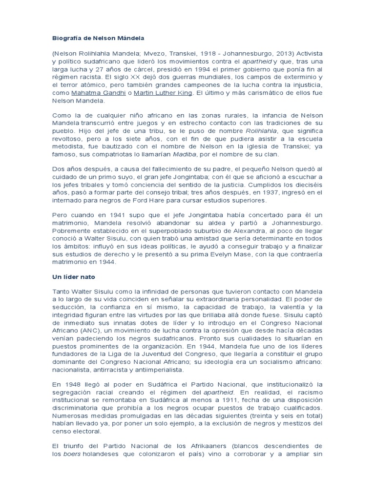 Biografía de Nelson Mándela | PDF | Nelson Mandela | Sudáfrica