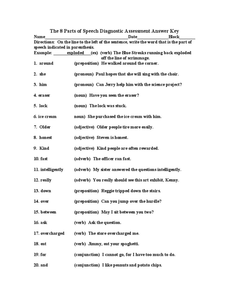 The 8 Parts of Speech Diagnostic Assessment Answer Key | Download Free ...