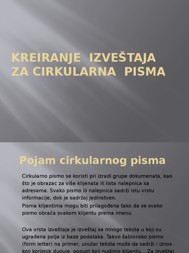 Kreiranje Izveštaja Za Cirkularna Pisma Jovanina Prezentacija Cela | PDF