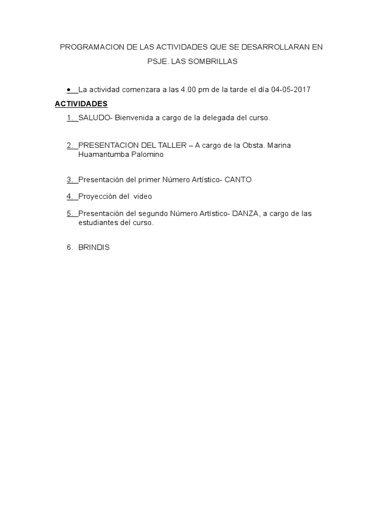 Programacion de Las Actividades Que Se Desarrollaran en | PDF