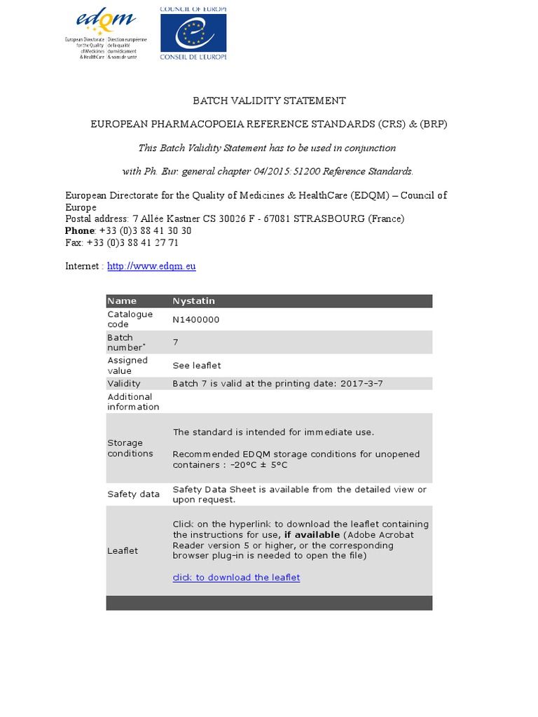 This Batch Validity Statement Has To Be Used in Conjunction With Ph ...