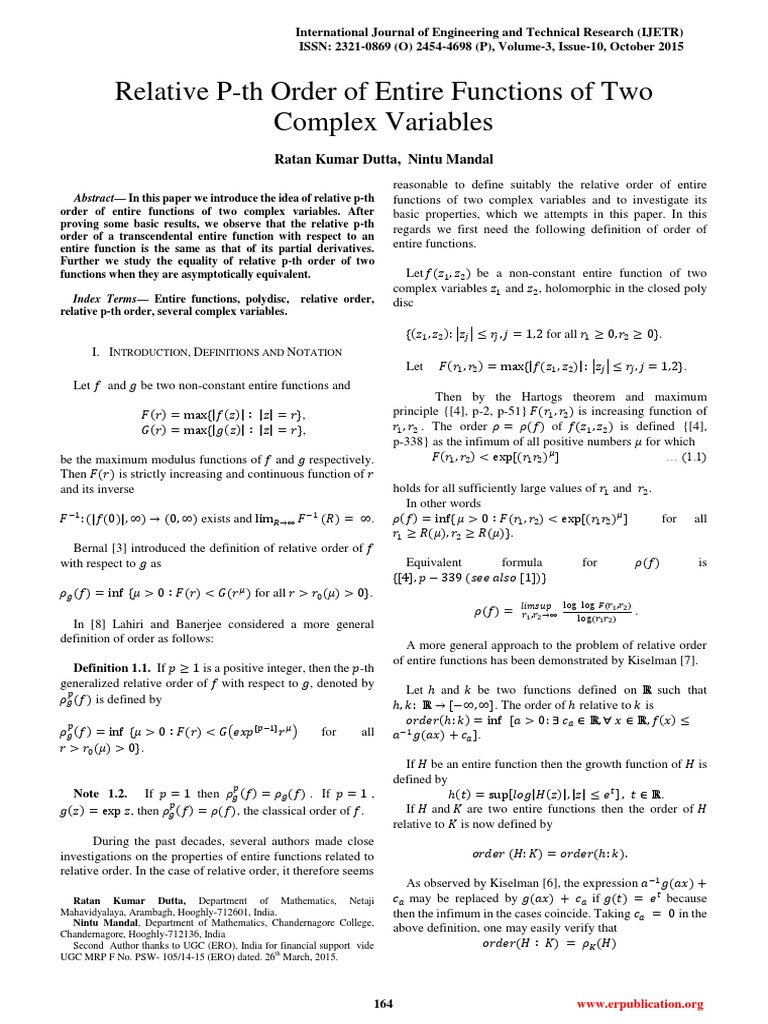 Relative P-TH Order of Entire Functions of Two Complex Variables | PDF | Complex Analysis ...