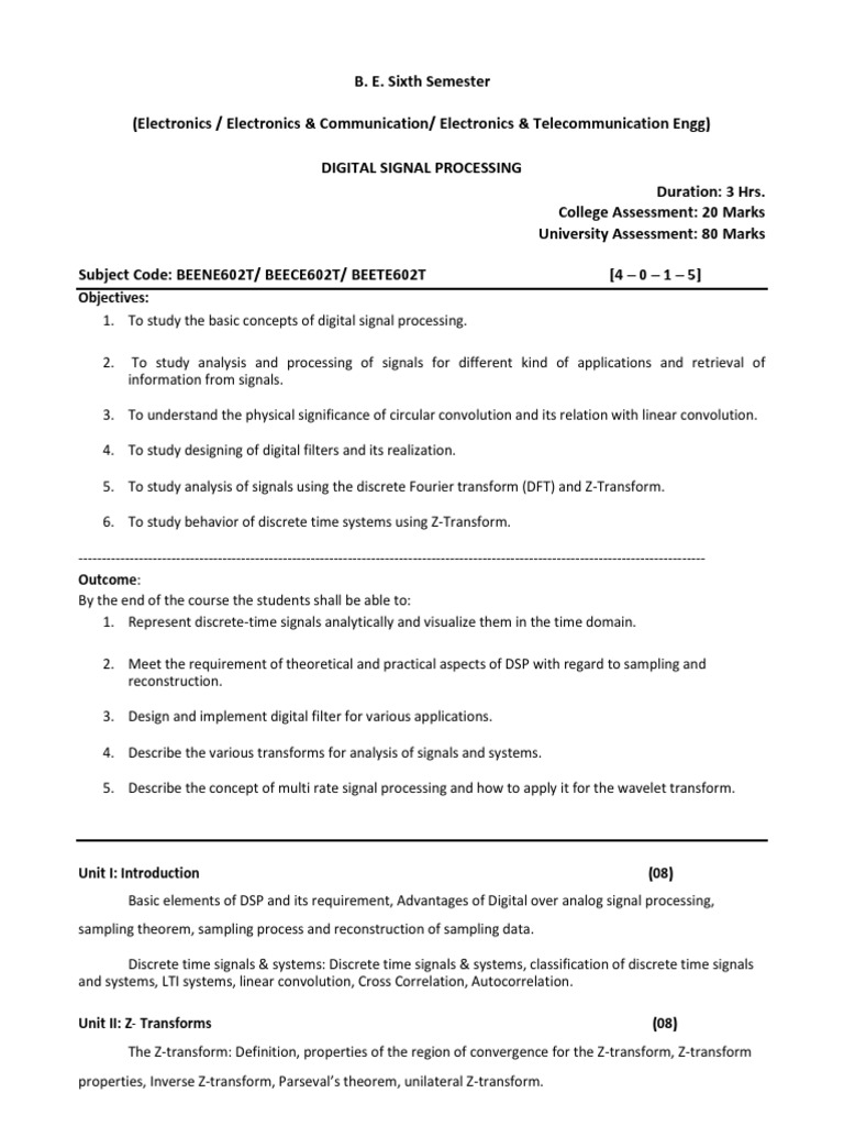 DSP Syllabus | PDF | Digital Signal Processing | Discrete Fourier Transform DSP Syllabus | PDF | Digital Signal Processing | Discrete Fourier Transform