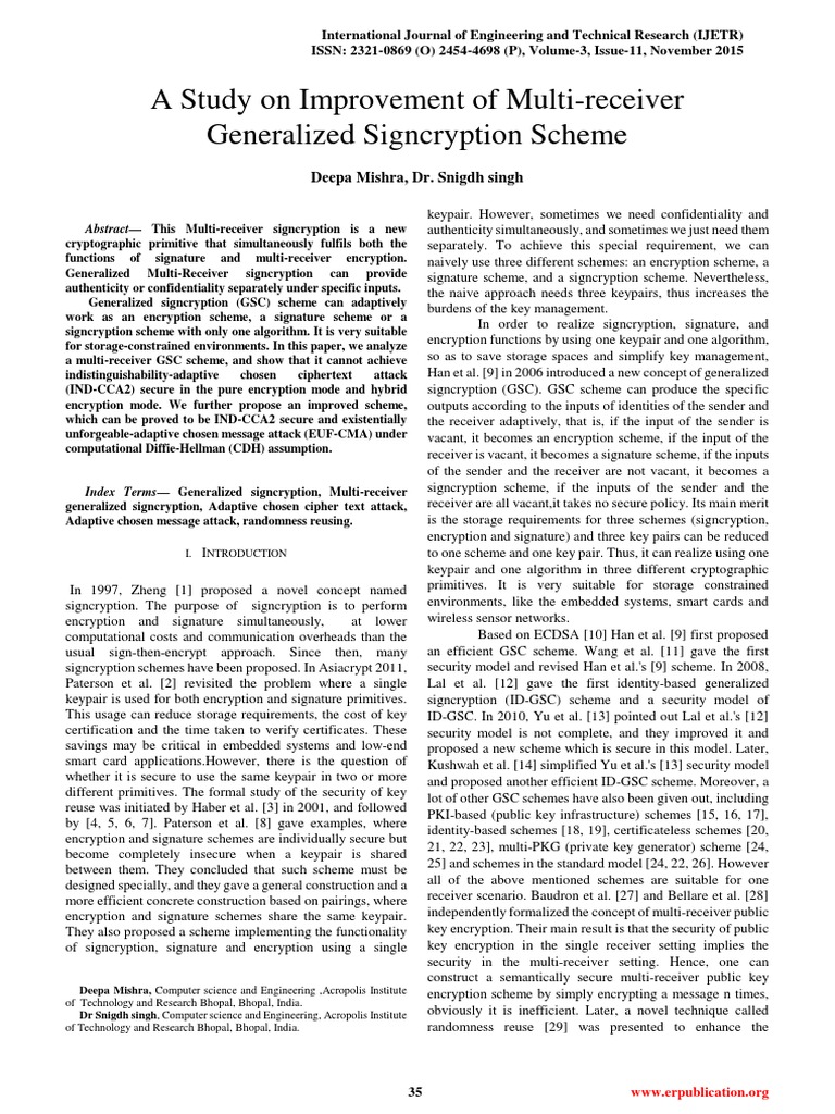 A Study On Improvement of Multi-Receiver Generalized Signcryption Scheme | PDF | Public Key ...