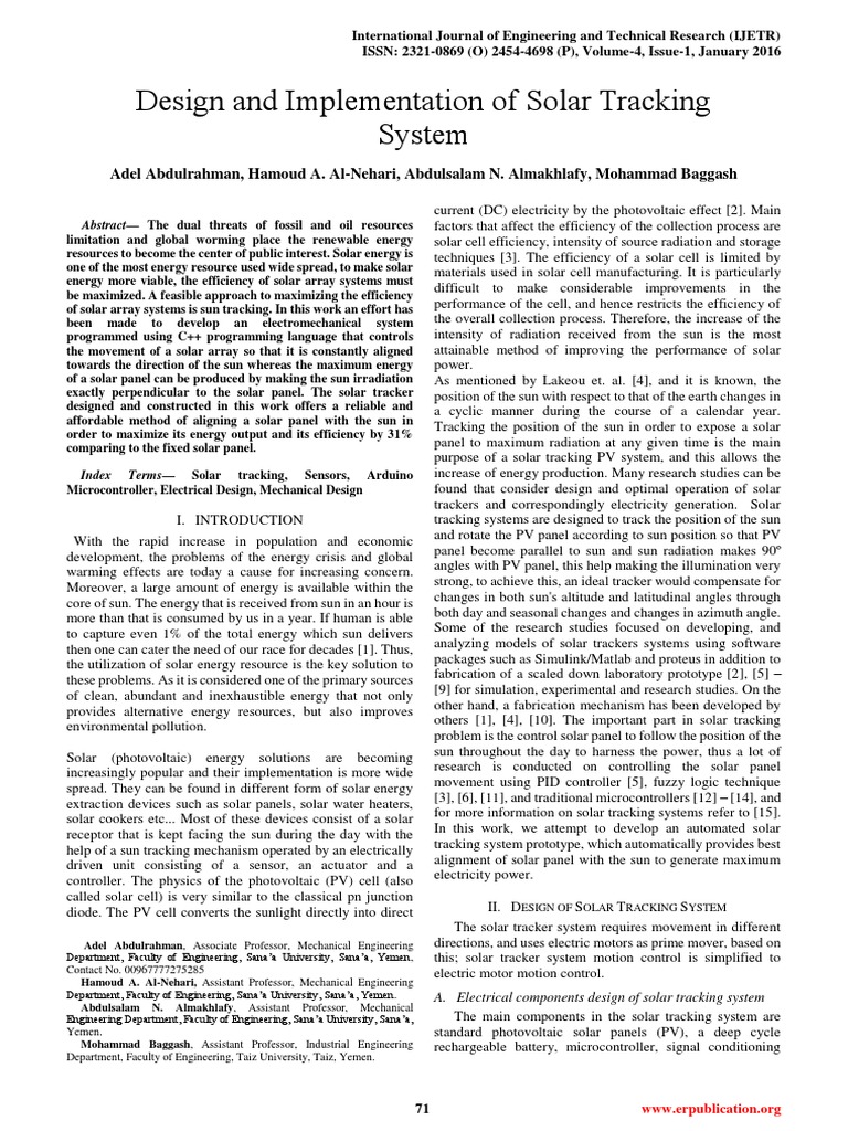Design and Implementation of Solar Tracking System | PDF | Solar Energy ...
