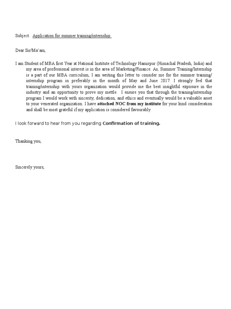 Summer Training Application Letter | PDF