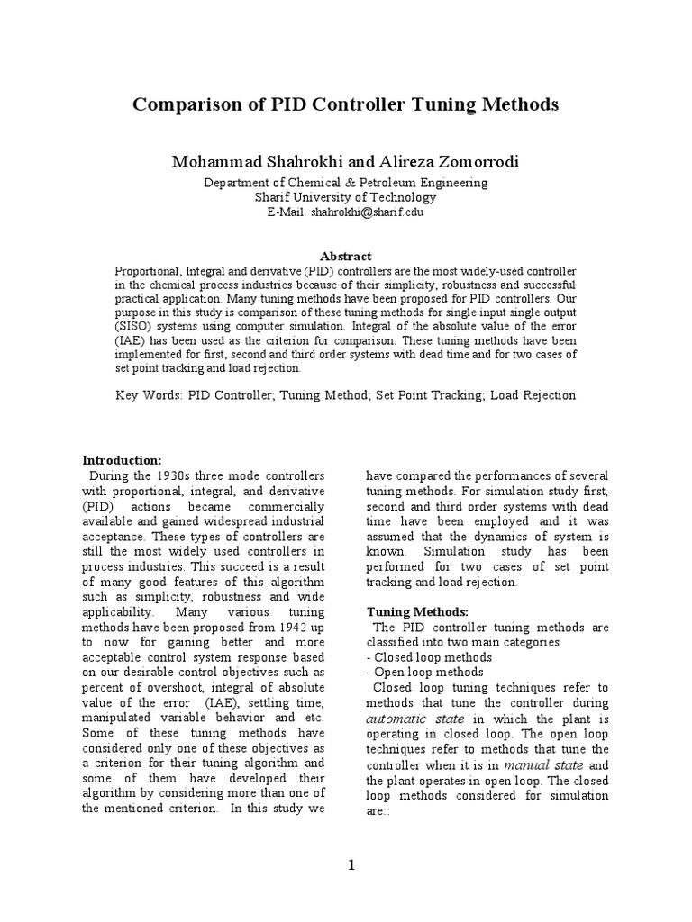 Zomorrodi Shahrokhi PID Tunning Comparison PDF | PDF | Emergence | Control Engineering