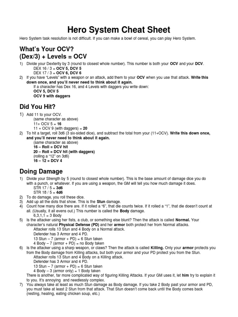 Hero System Cheat Sheet | Dice | Gaming