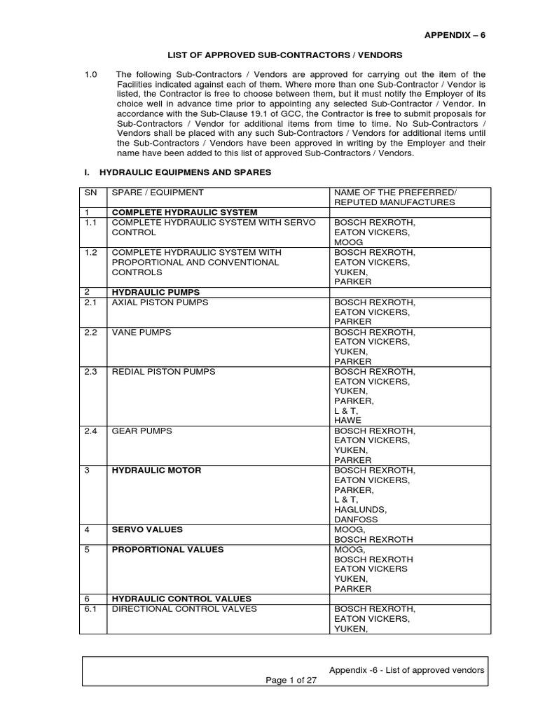 Appendix - 6 List of Approved Sub-Contractors / Vendors | PDF | Loader ...