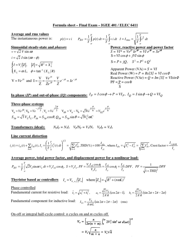 Formula Sheet Final 2013 Power Electronics PDF | PDF