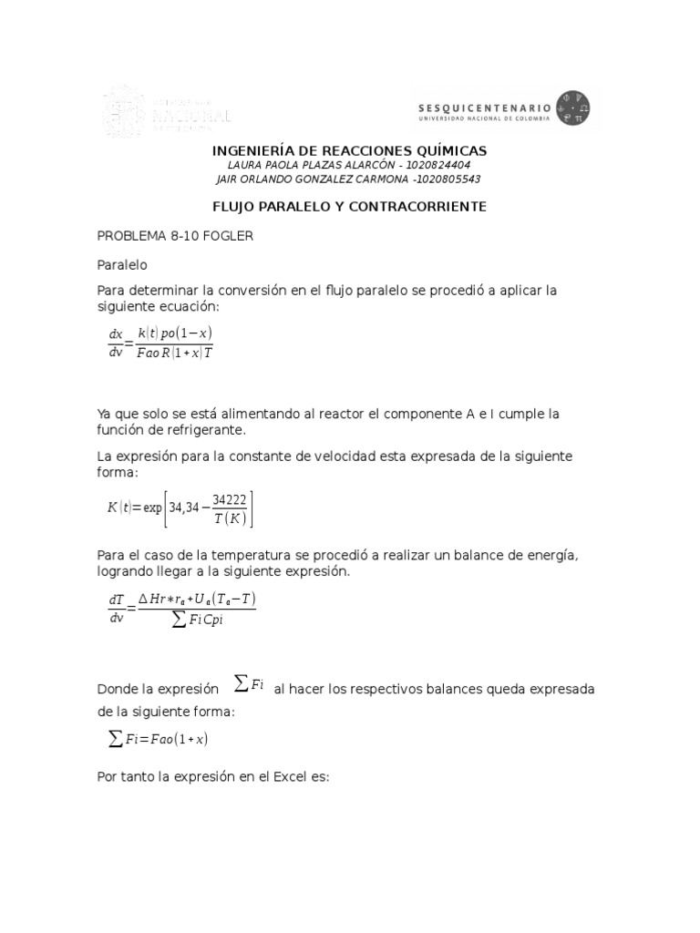 Flujo Paralelo y Contracorriente | PDF | Reactor Quimico | Química