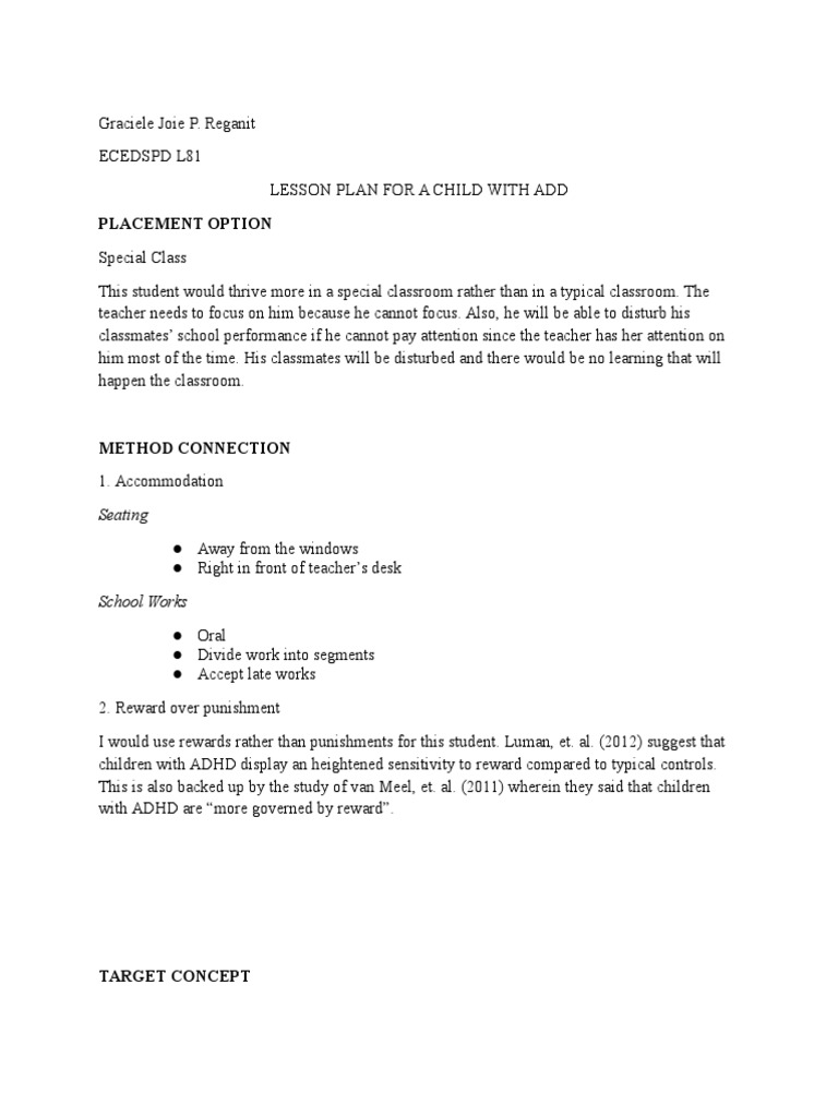 Lesson Plan | PDF | Attention Deficit Hyperactivity Disorder | Classroom