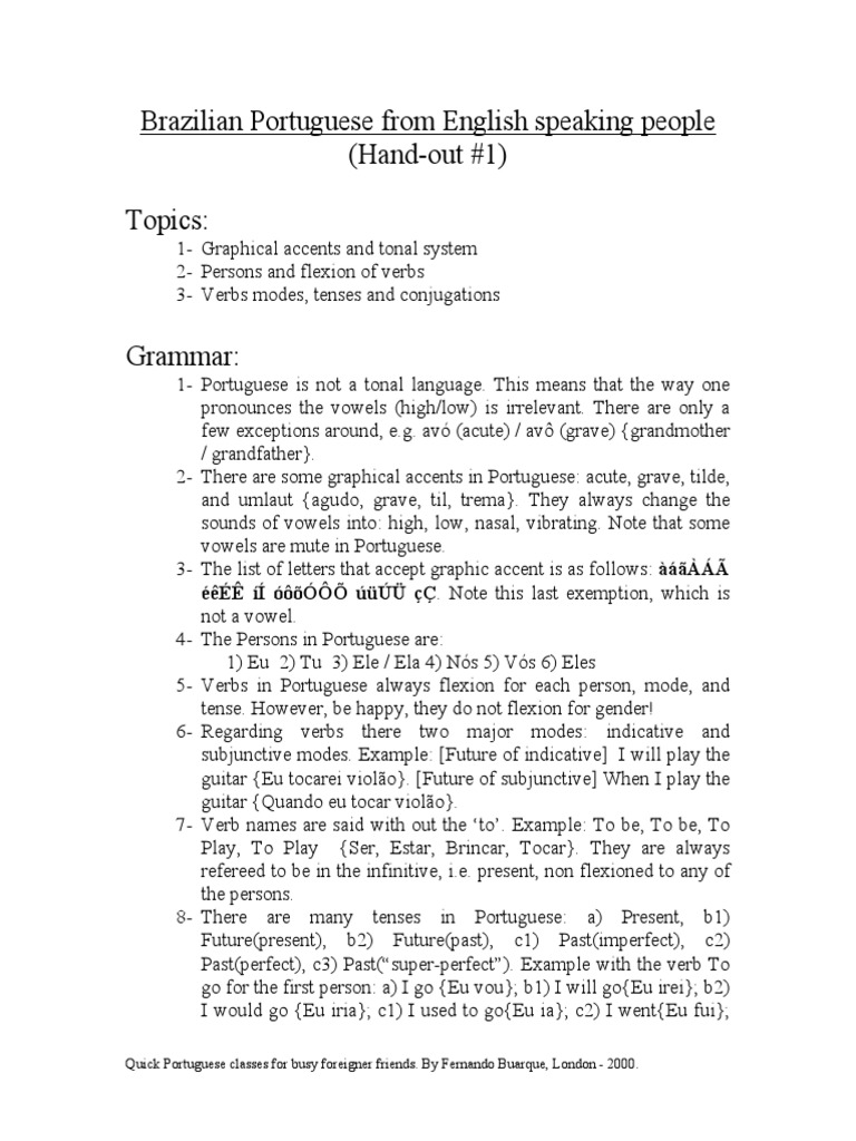 Brazilian Portuguese From English Speaking People (Hand-Out #1) Topics ...