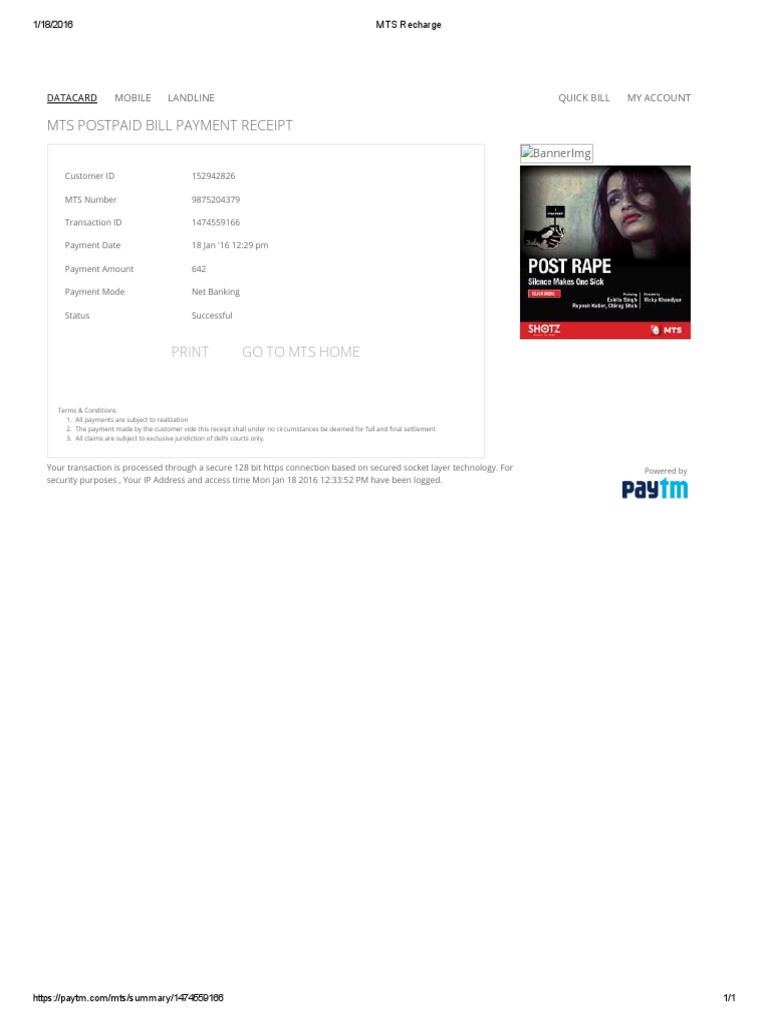 MTS Postpaid Bill Payment Receipt | PDF