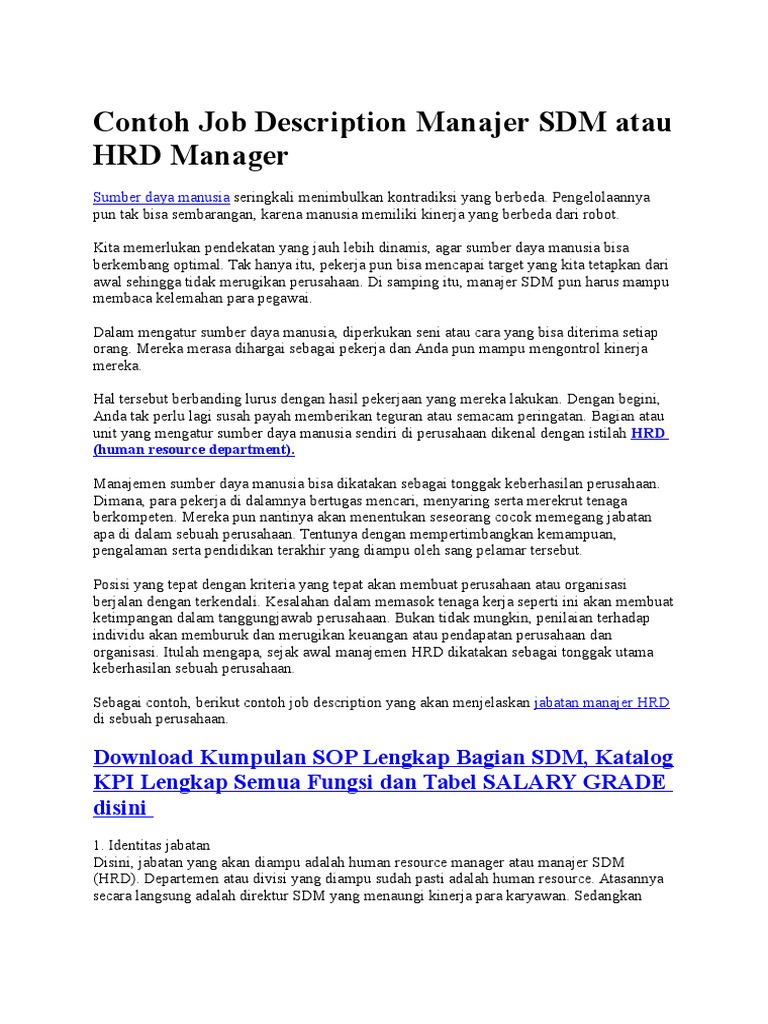 Contoh Job Description Manajer SDM Atau HRD Manager | PDF