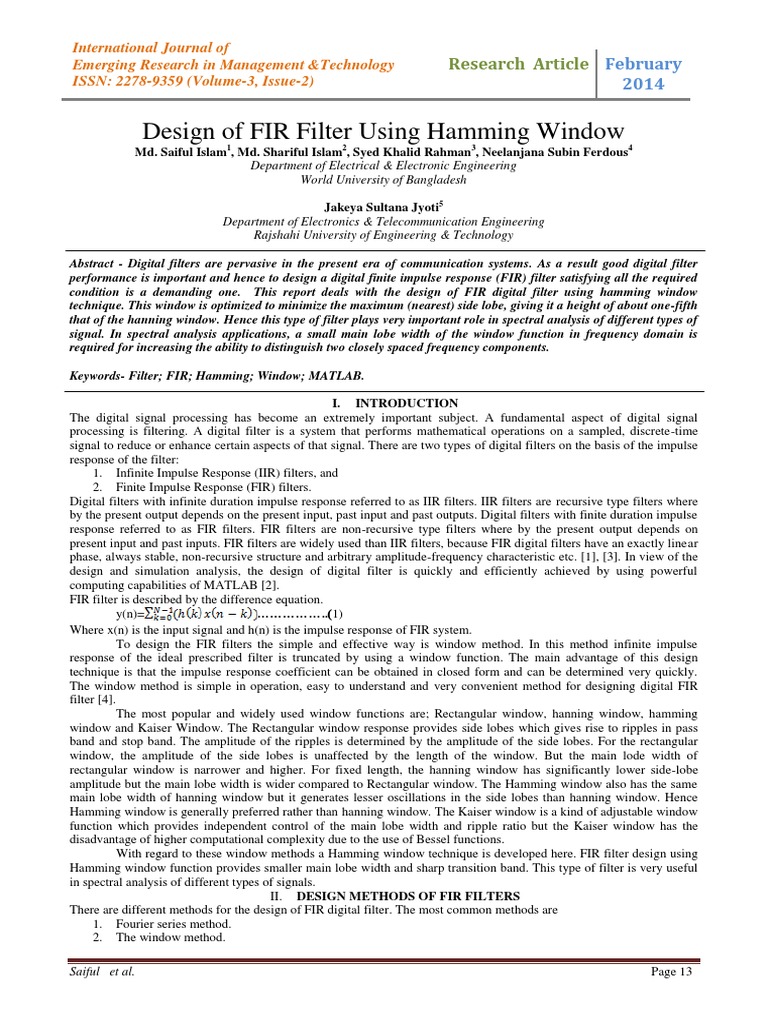 Design of FIR Filter Using Hamming Window | PDF | Digital Signal Processing | Electronic Engineering