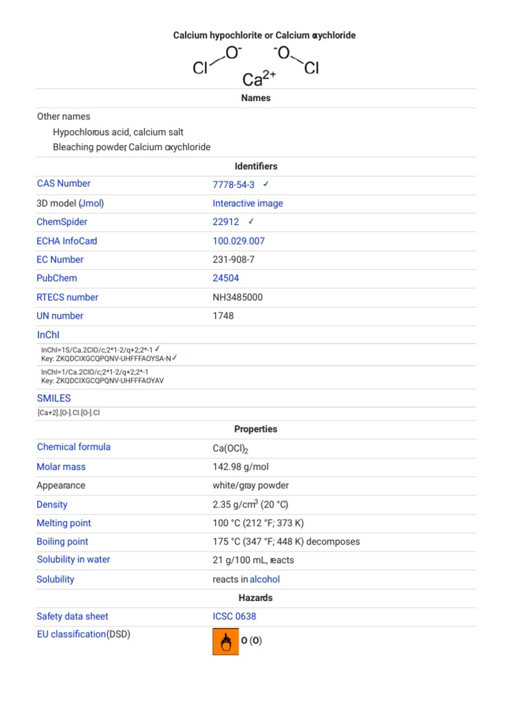 Calcium Hypochlorite - Wikipedia | PDF | Molecules | Chemical Compounds