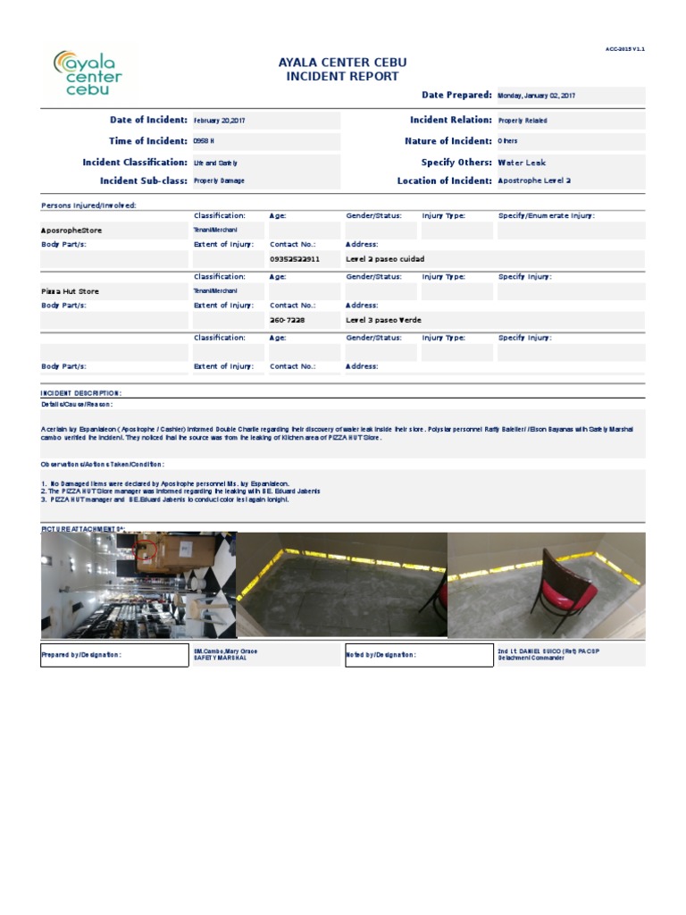 Ayala Center Cebu Water Leak Incident Report ACC-2015 V1.1 | PDF | Business