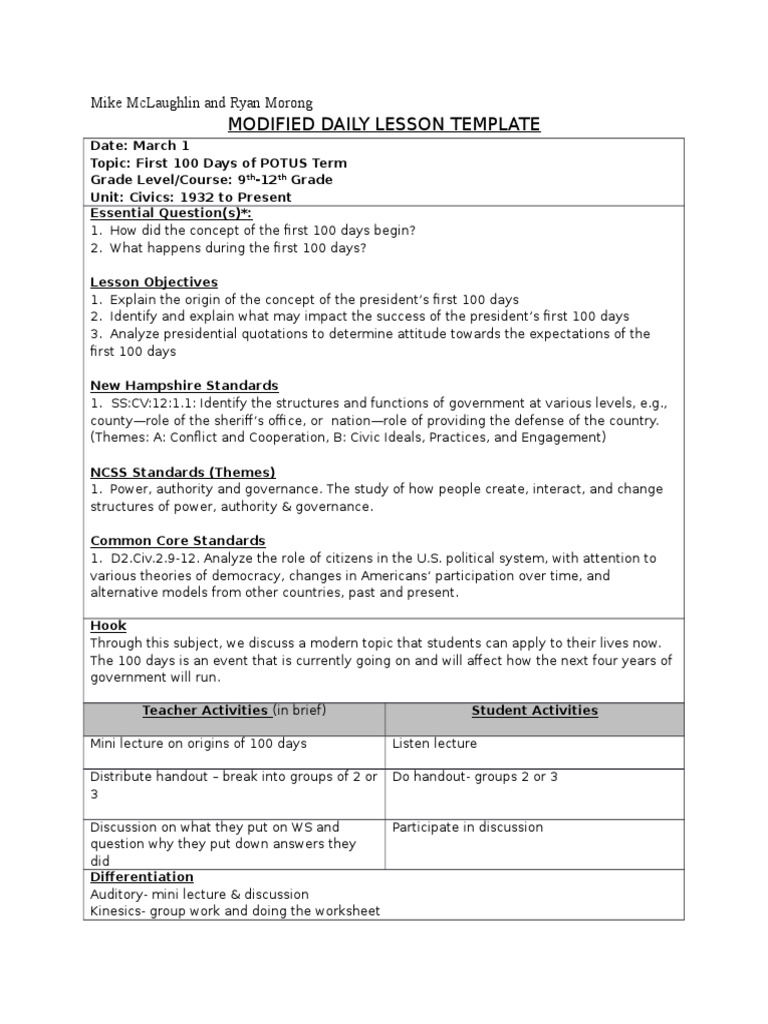 First 100 Days Lesson Plan | PDF | Behavioural Sciences | Psychology