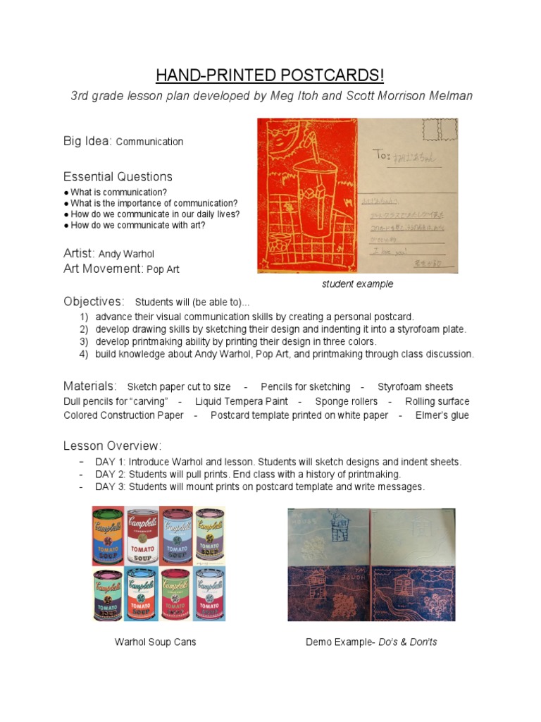 Hand-Printed Postcards Lesson Plan | PDF | Home & Garden