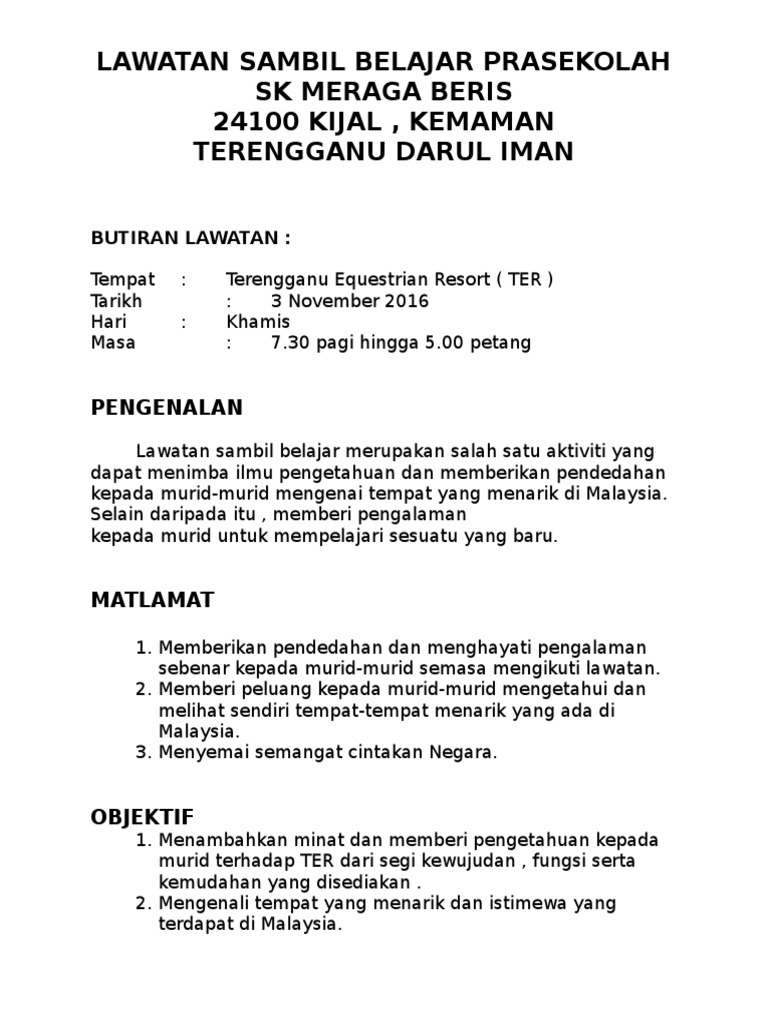 Lawatan Sambil Belajar Prasekolah | PDF