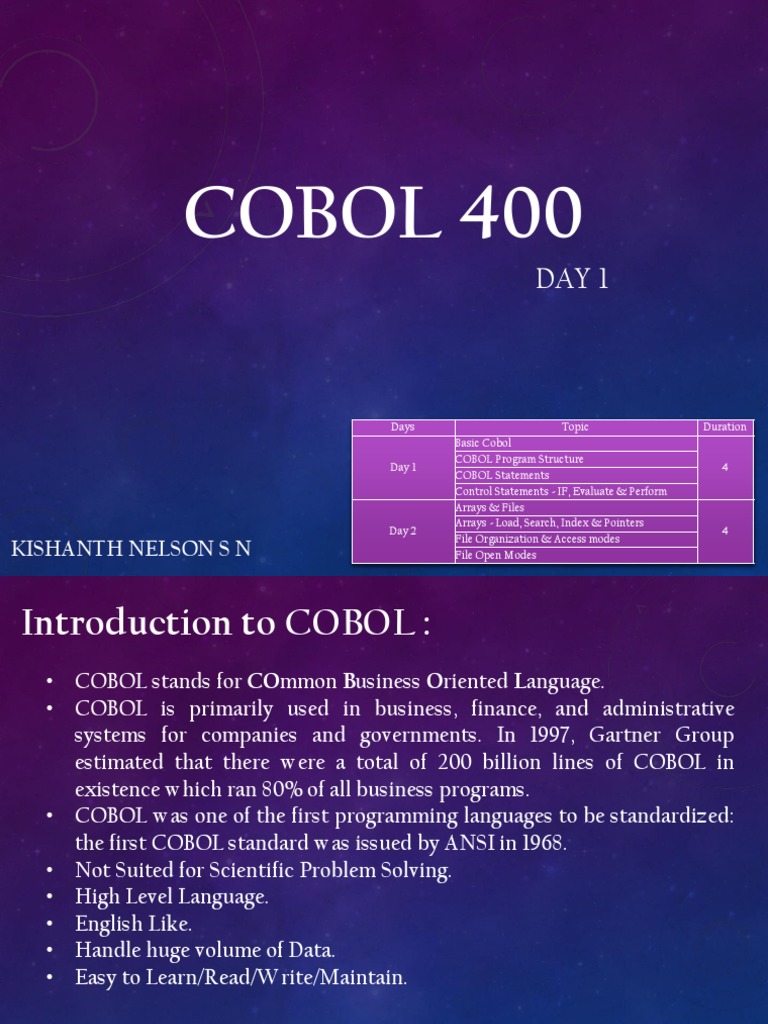 COBOL 400: Kishanth Nelson S N | PDF | Control Flow | Subroutine