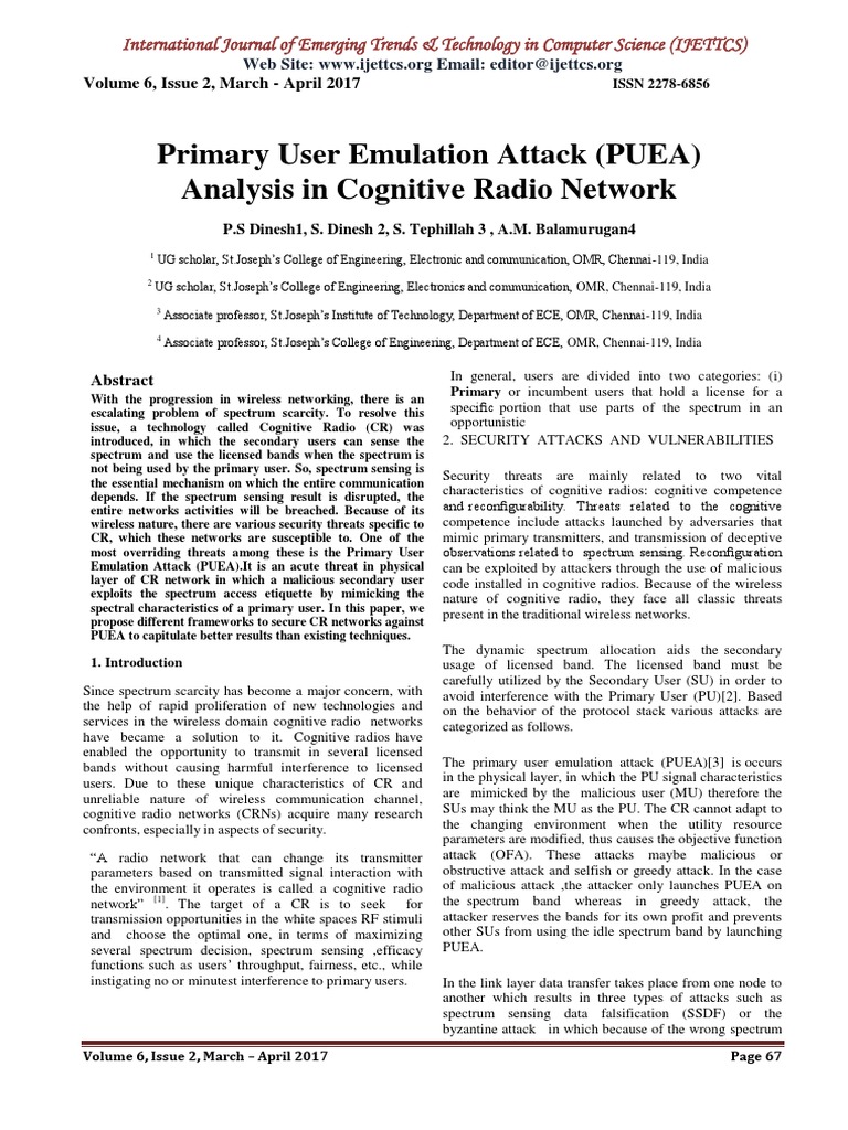 Primary User Emulation Attack (PUEA) Analysis in Cognitive Radio Network | PDF | Technology ...