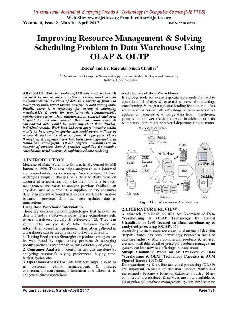 Improving Resource Management & Solving Scheduling Problem in Data Warehouse Using Olap & Oltp | PDF