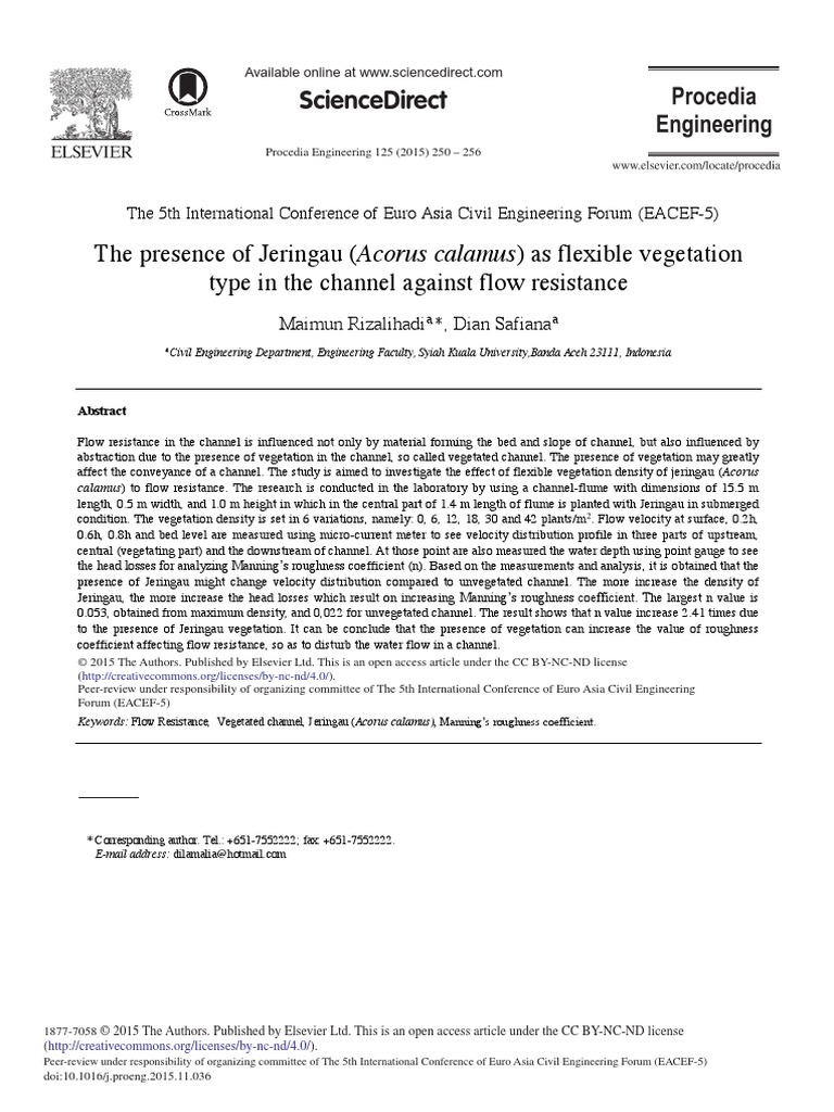 The Presence of Jeringau (Acorus Calamus) As Flexible Vegetation Type ...
