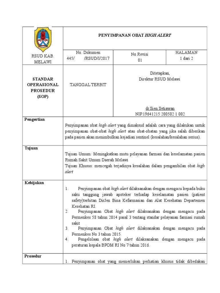 SOP 5 Penyimpanan Obat High Alert | PDF