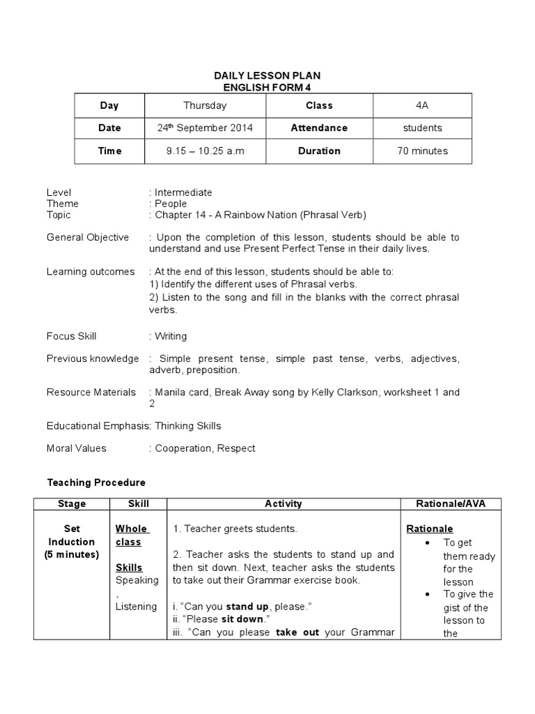 Daily Lesson Plan English Form 4 Day Class Date Attendance Time ...