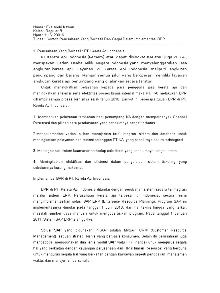 Tugas BPR Analisis Perusahaan Eka 1116123016 | PDF