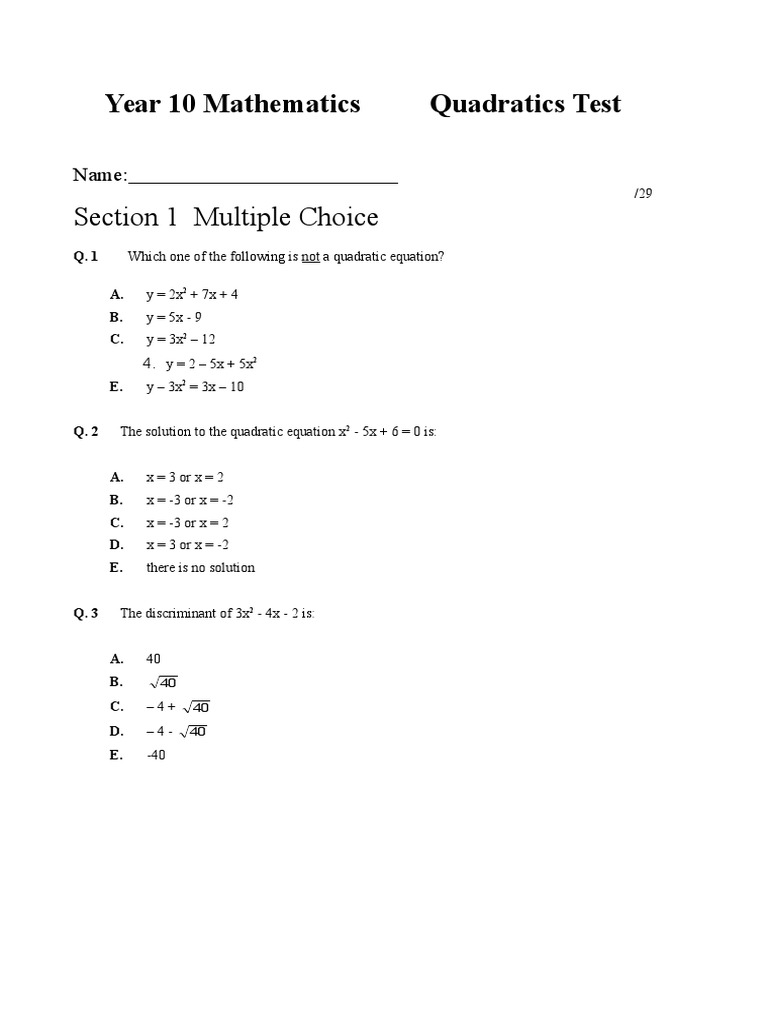 Year 10 Quadratics Test Document | PDF | Quadratic Equation | Logical Truth